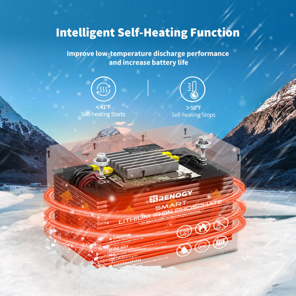 Renogy 12V 100Ah Smart Lithium Iron Phosphate Battery w/ Self-Heating ...